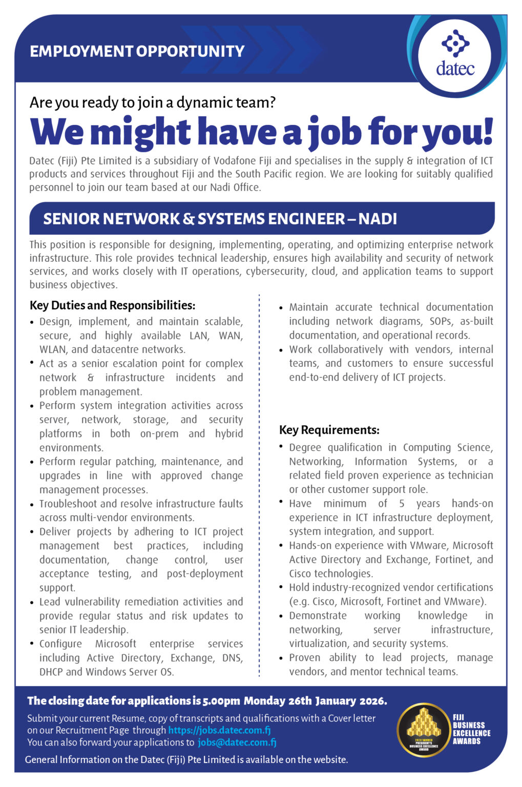 Senior Network & System Engineer - Datec Fiji (Pte) Ltd